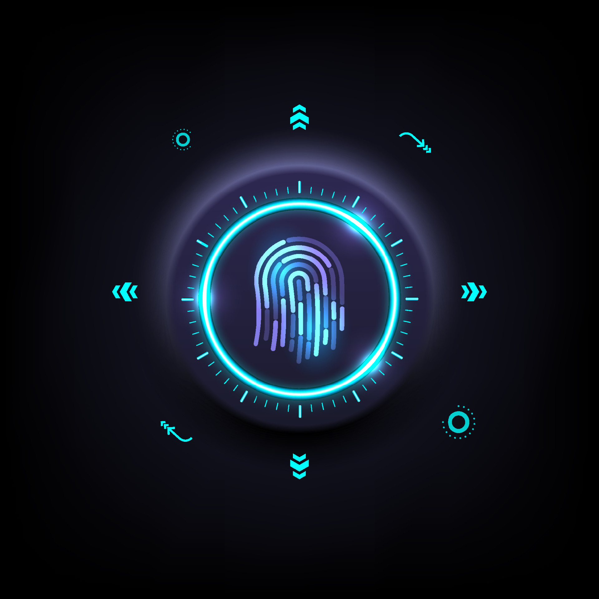 Hi-tech push button There is a blue glowing circle. In the middle there ...