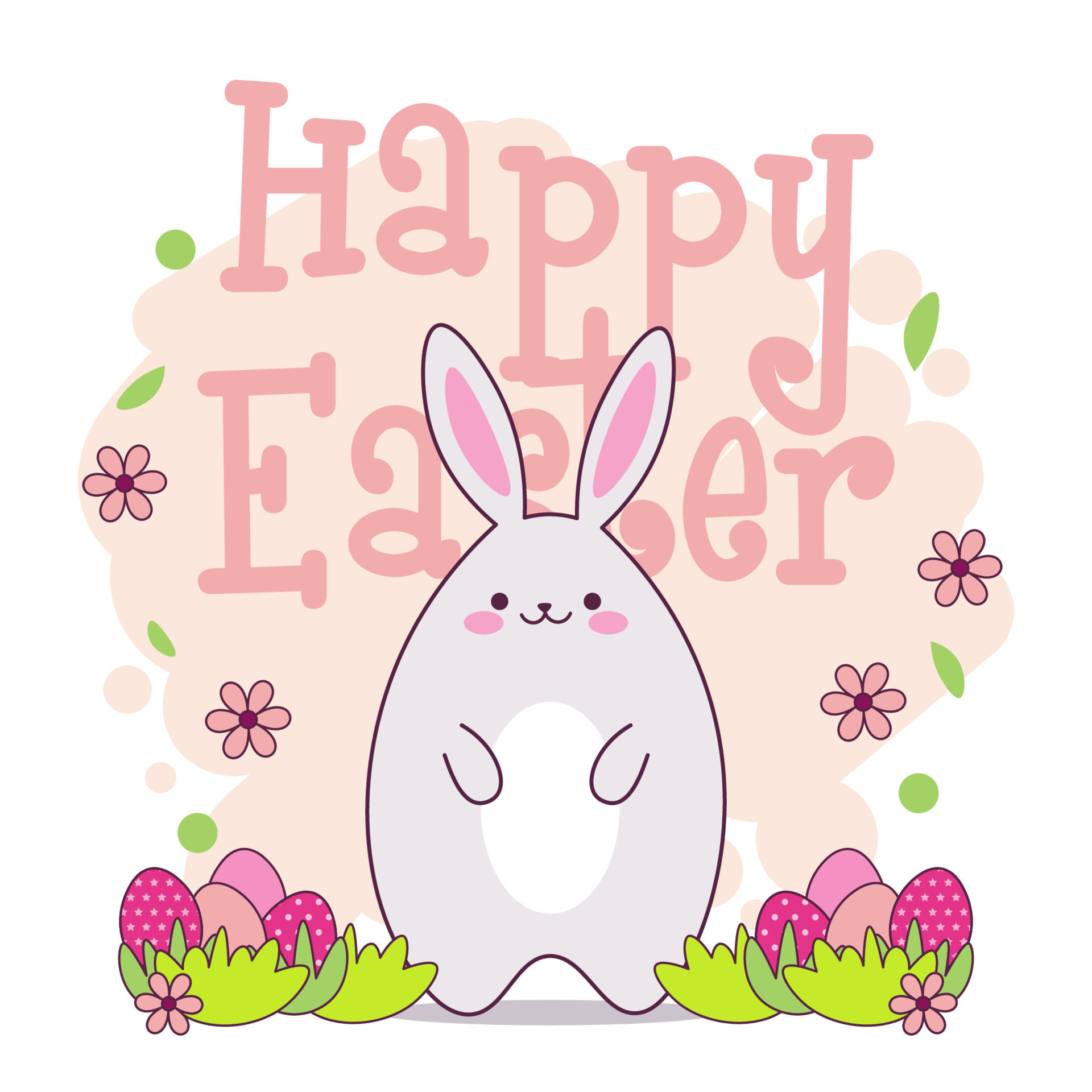 Happy Easter Banner With Cute Kawaii Rabbit Easter Eggs And Flowers Colorful Greeting Card