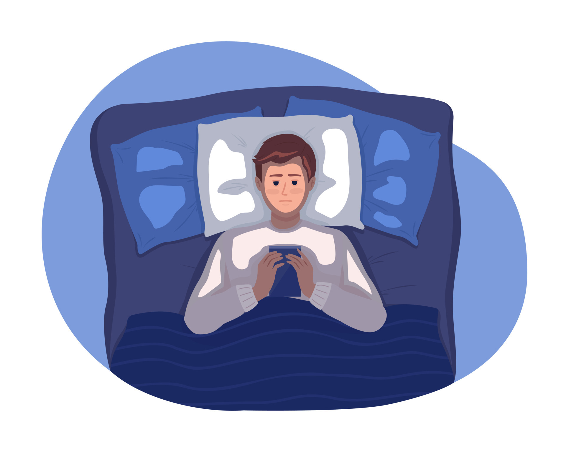 Bedtime mobile phone use 2D vector isolated illustration. Drowsy boy ... Bedtime mobile phone use 2D vector isolated illustration. Drowsy boy ...
