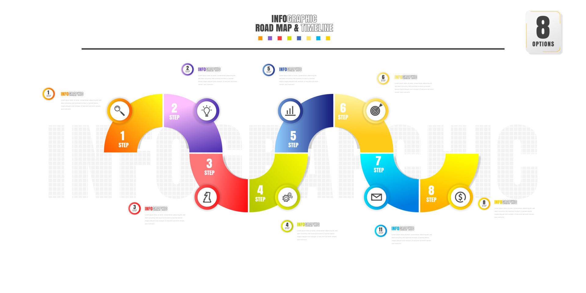 Timeline infographics design template with 8 options, process diagram ...