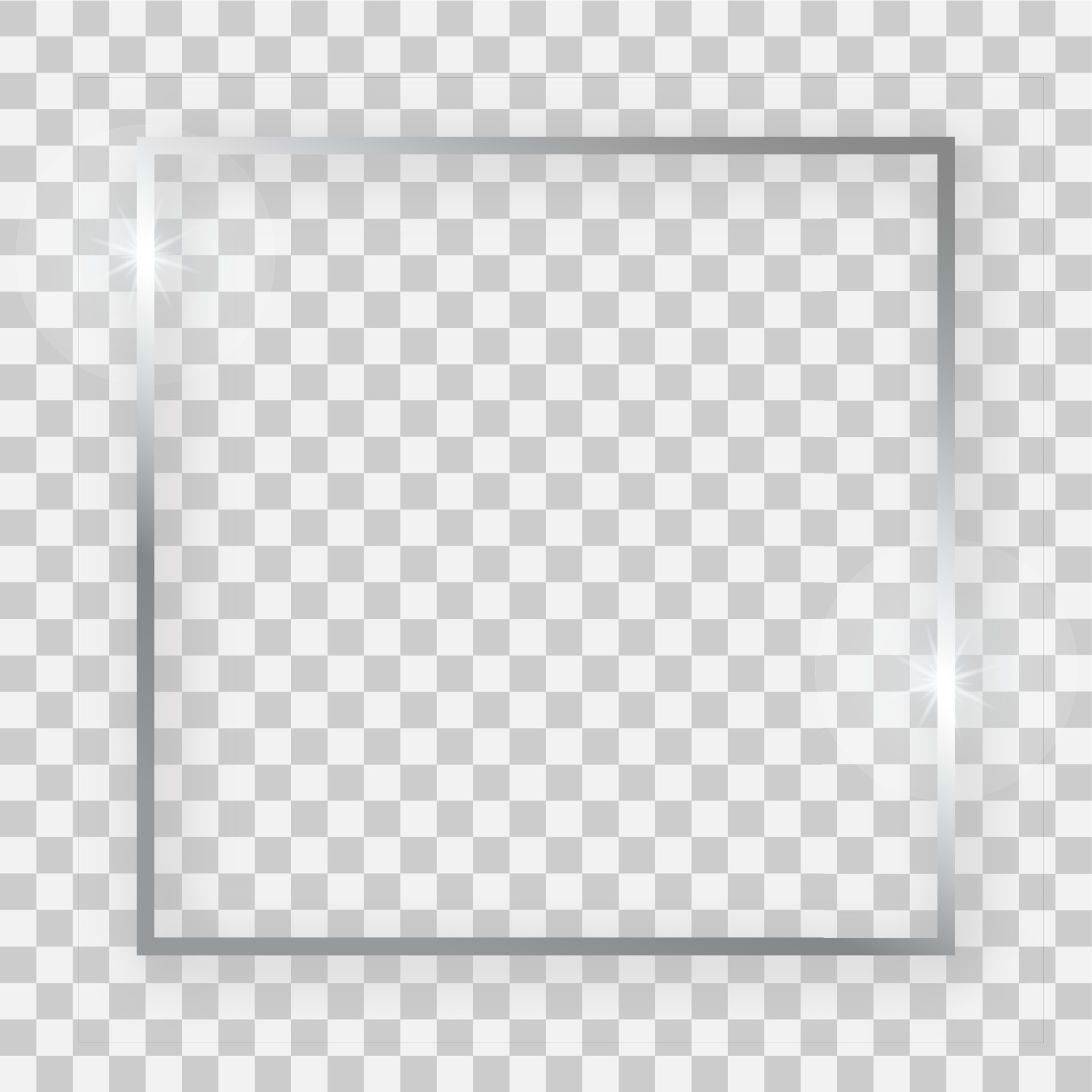 Silver shiny square frame with glowing effects and shadows on transparent background. Vector ...