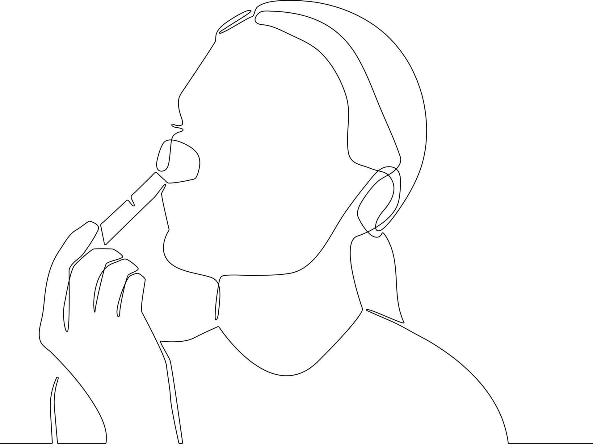 Single One Line Drawing Beautiful Young Girl Apply Blush With Cosmetic