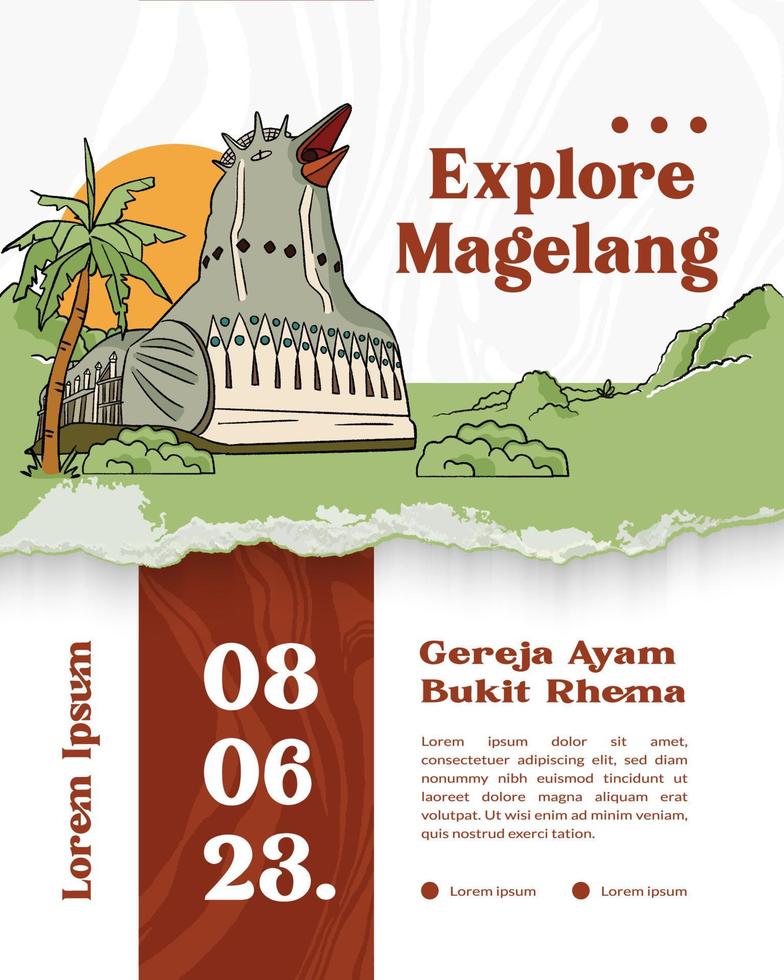 Religion building in Magelang Central Java hand drawn illustration. Poster Event with Chicken ...