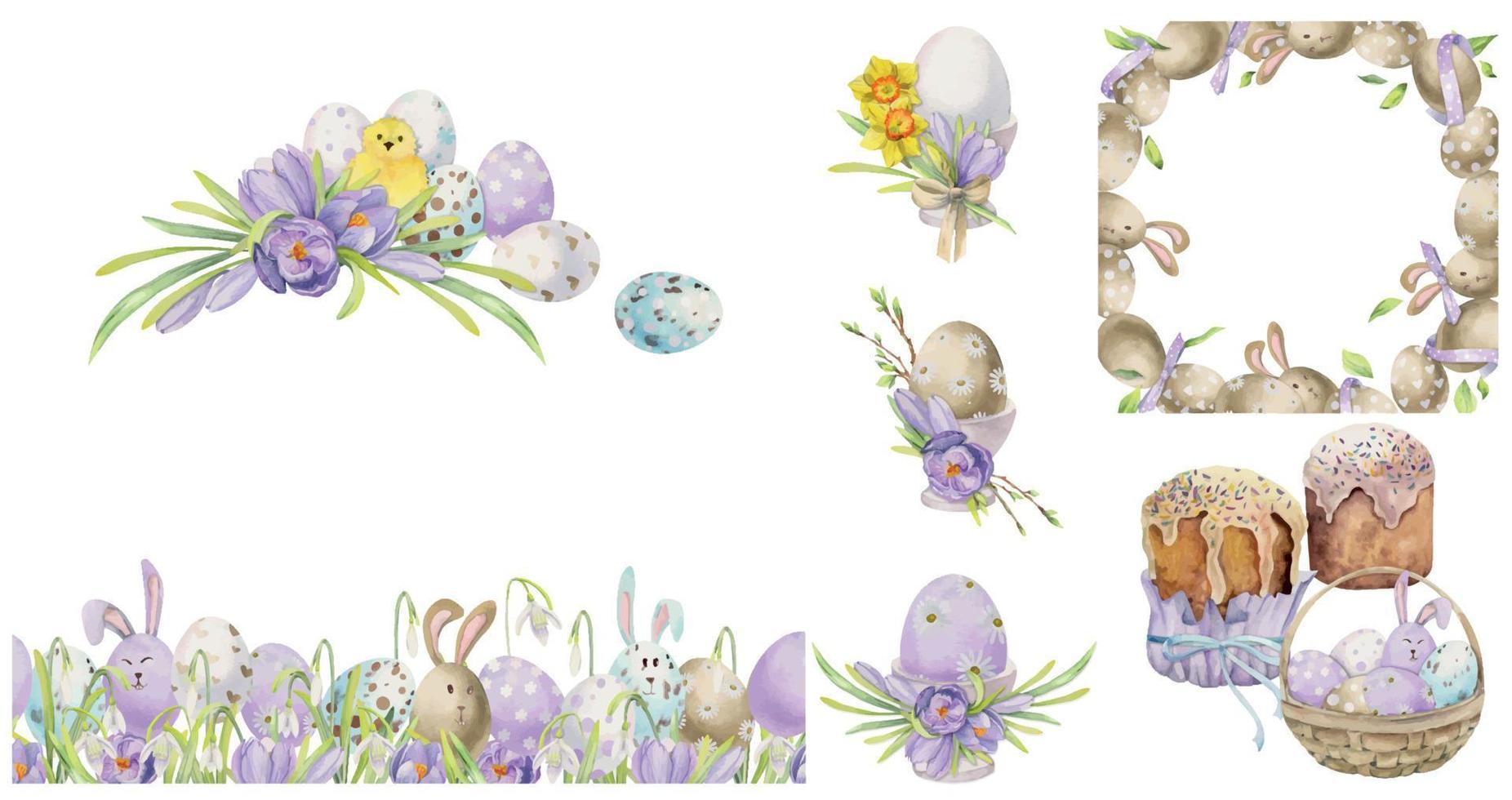 Watercolor hand drawn Easter celebration clipart. Set of frames ...