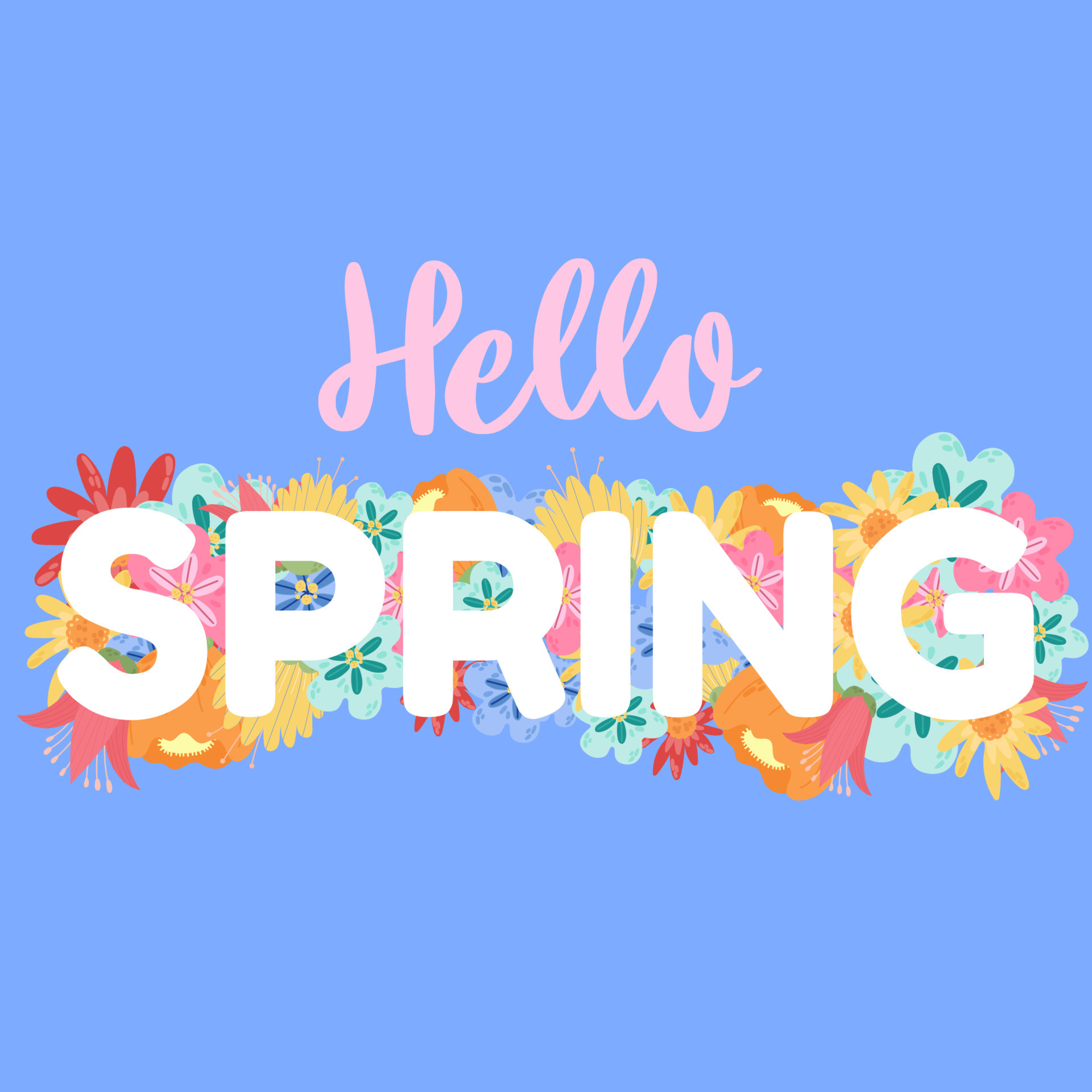 Word Hello Spring with flowers. Isolated on white background with text ...