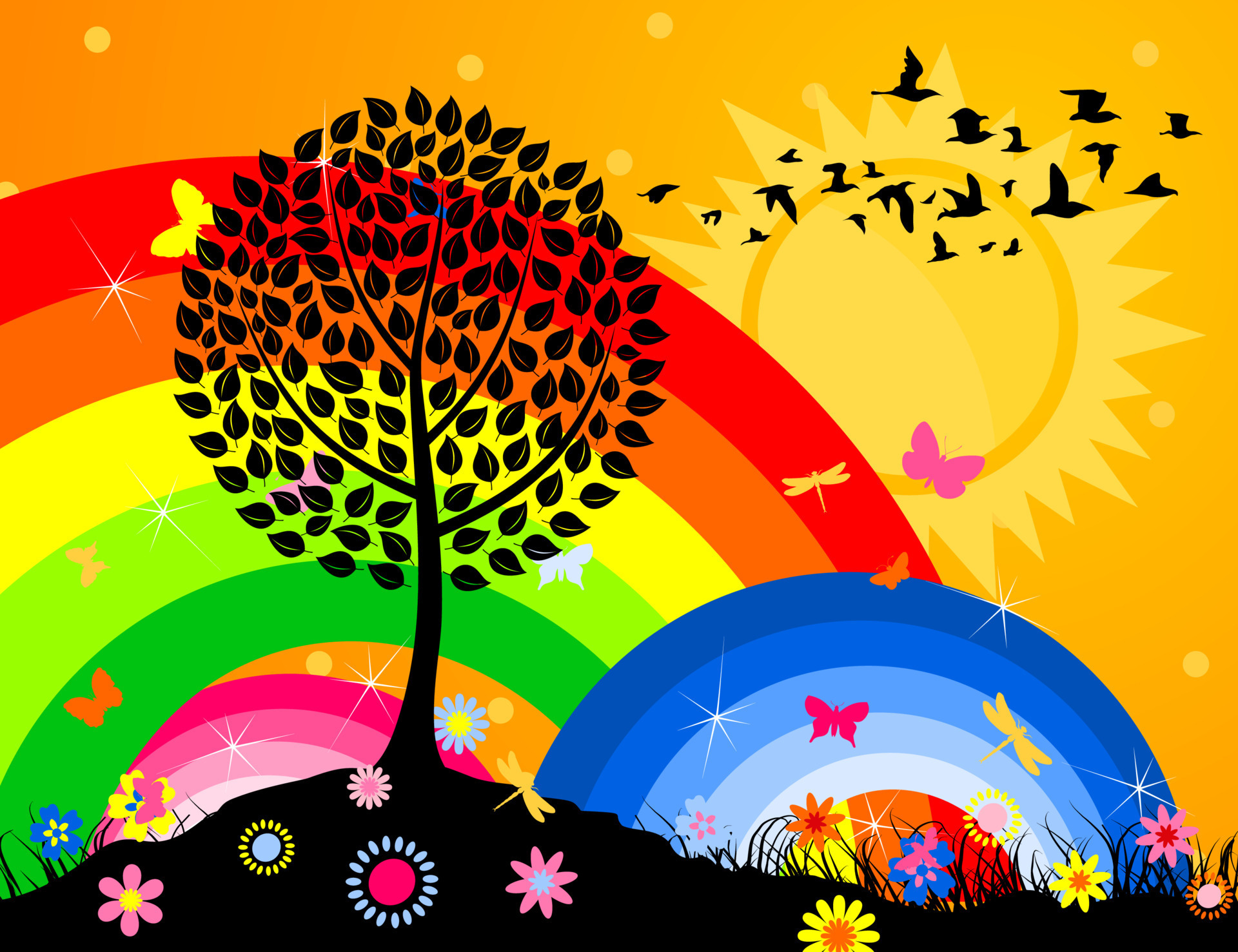 Silhouette of a tree against a rainbow and the bright sky. A vector ...