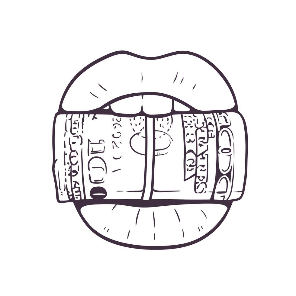 Sexy Lips Biting A Roll Of Money Vector Line Art Illustration 17695413 Vector Art At Vecteezy