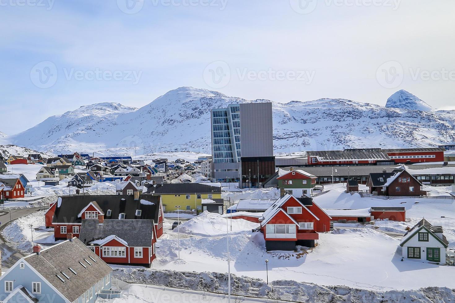Nuuk city center streets with colorful Inuit houses covered in snow ...