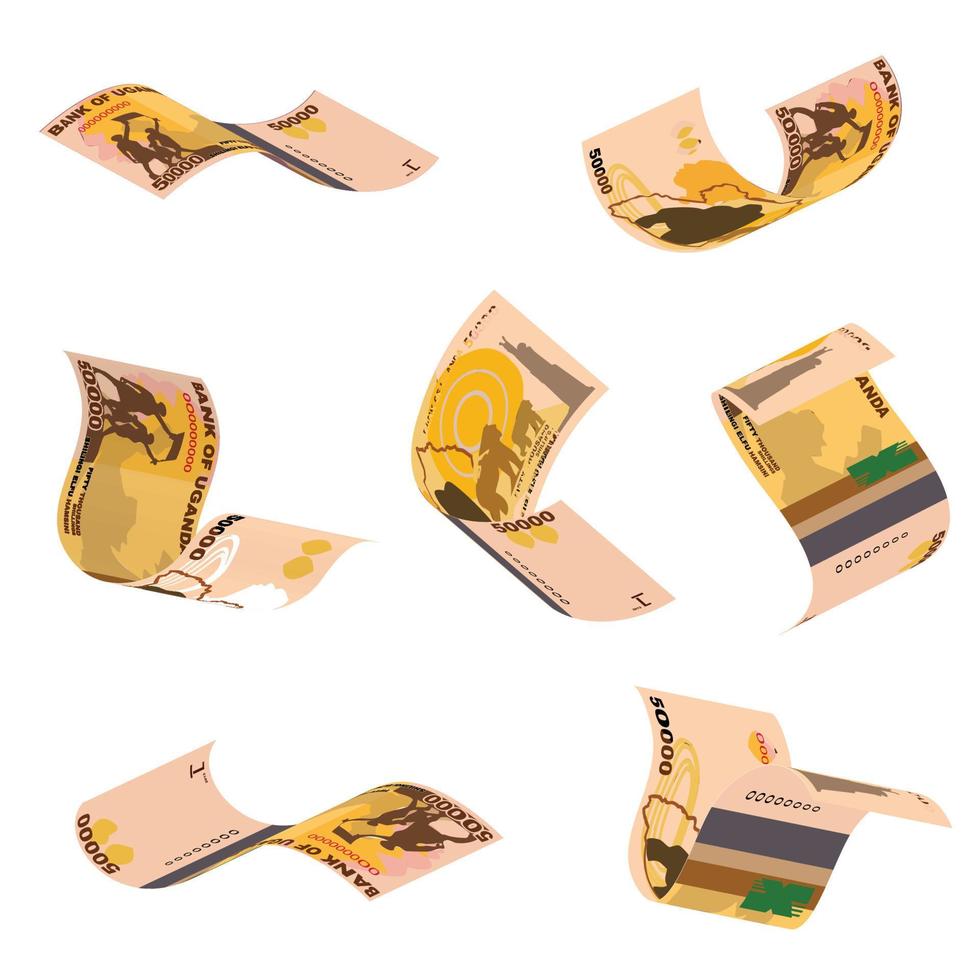 Vector Illustration Of Ugandan Shilling Notes Flying In Different Angles And Orientations