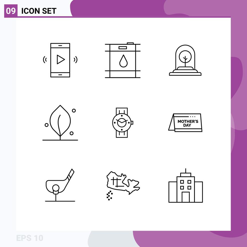 9 Universal Outlines Set For Web And Mobile Applications Smart Watch Nature Growth Leaf New