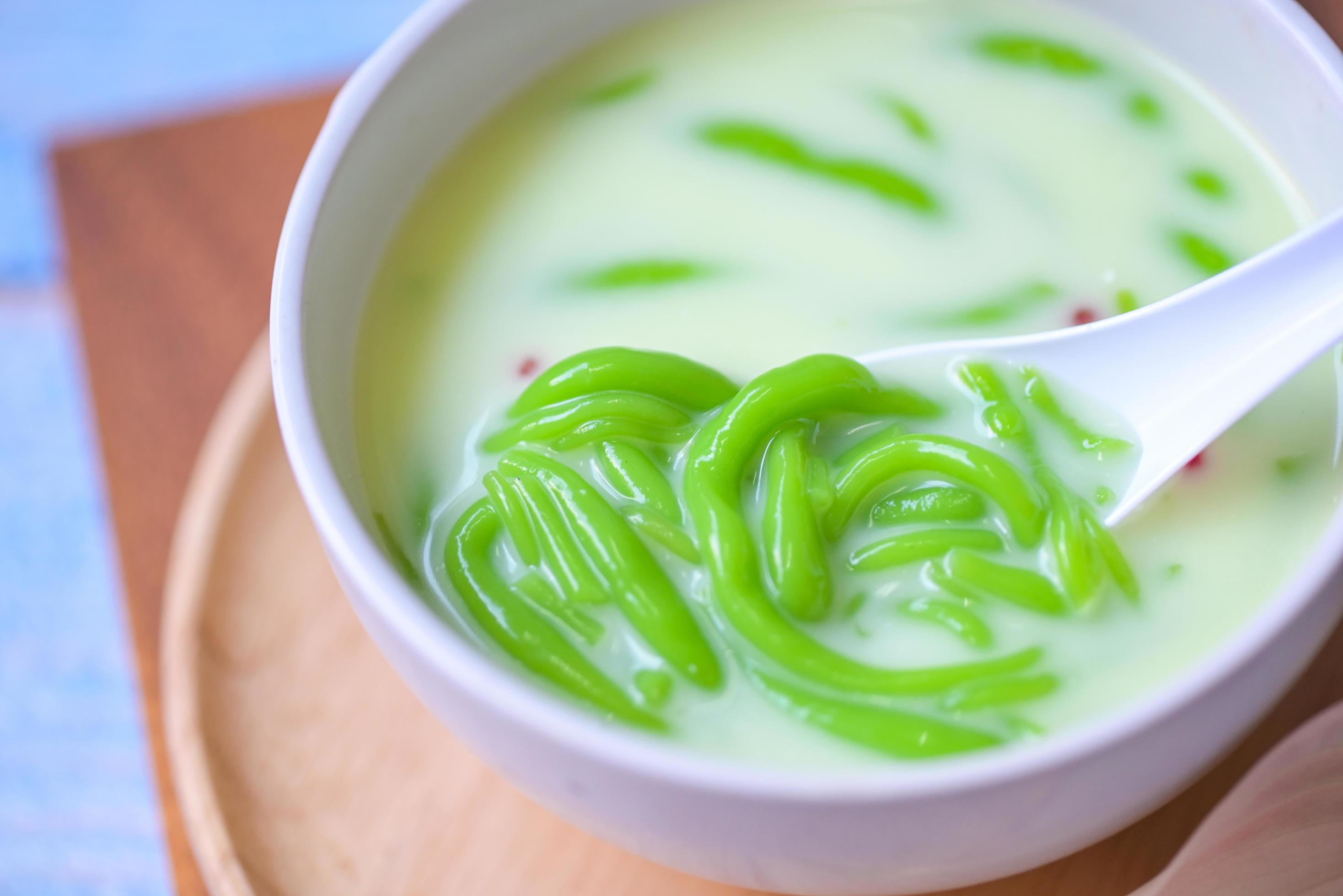 Thai Dessert Thai Rice Flour Pandan Leaf With Coconut Milk And Syrup Sweets Dessert On White