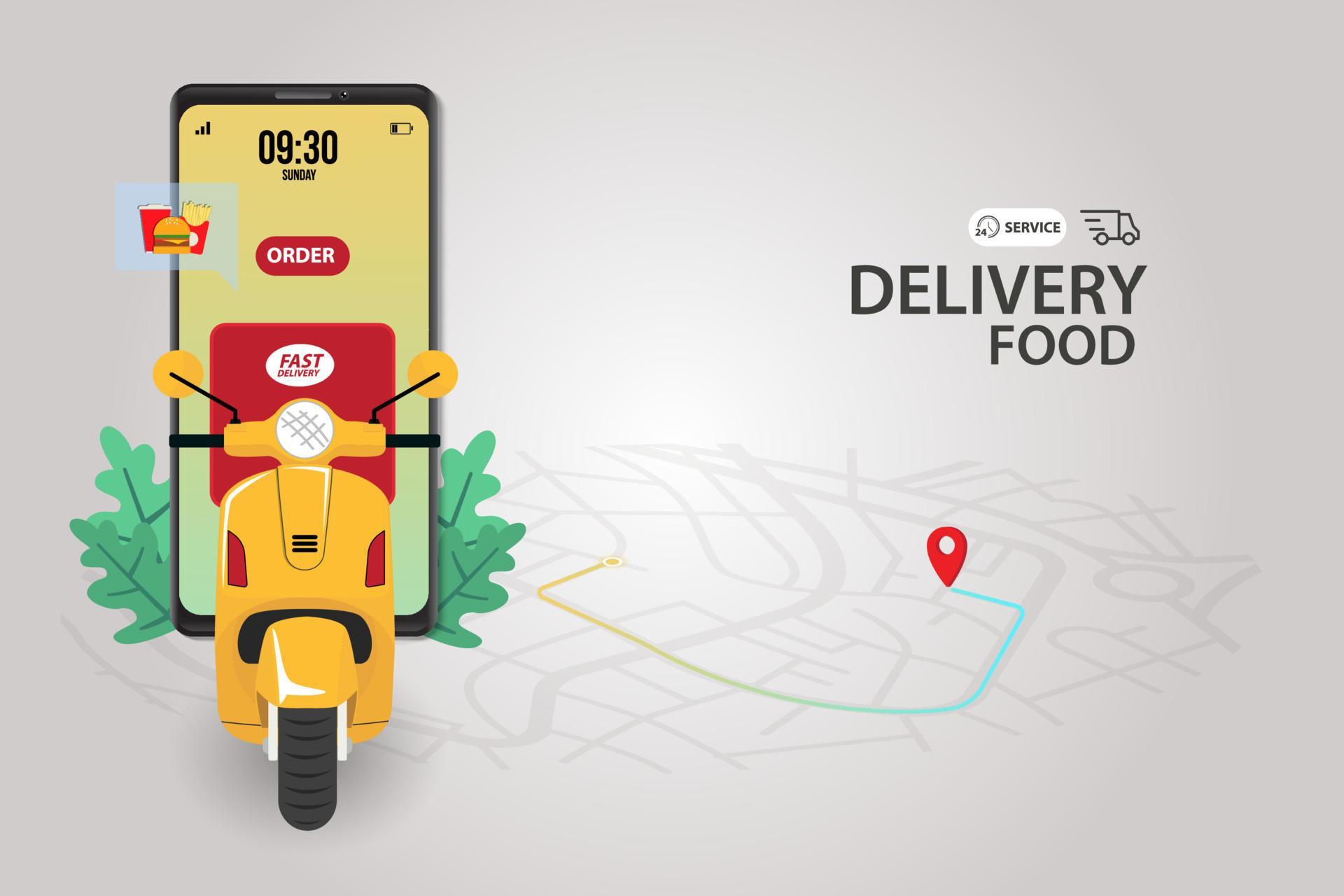 Fast delivery by scooter on mobile. E-commerce concept. Online food order infographic. Webpage ...