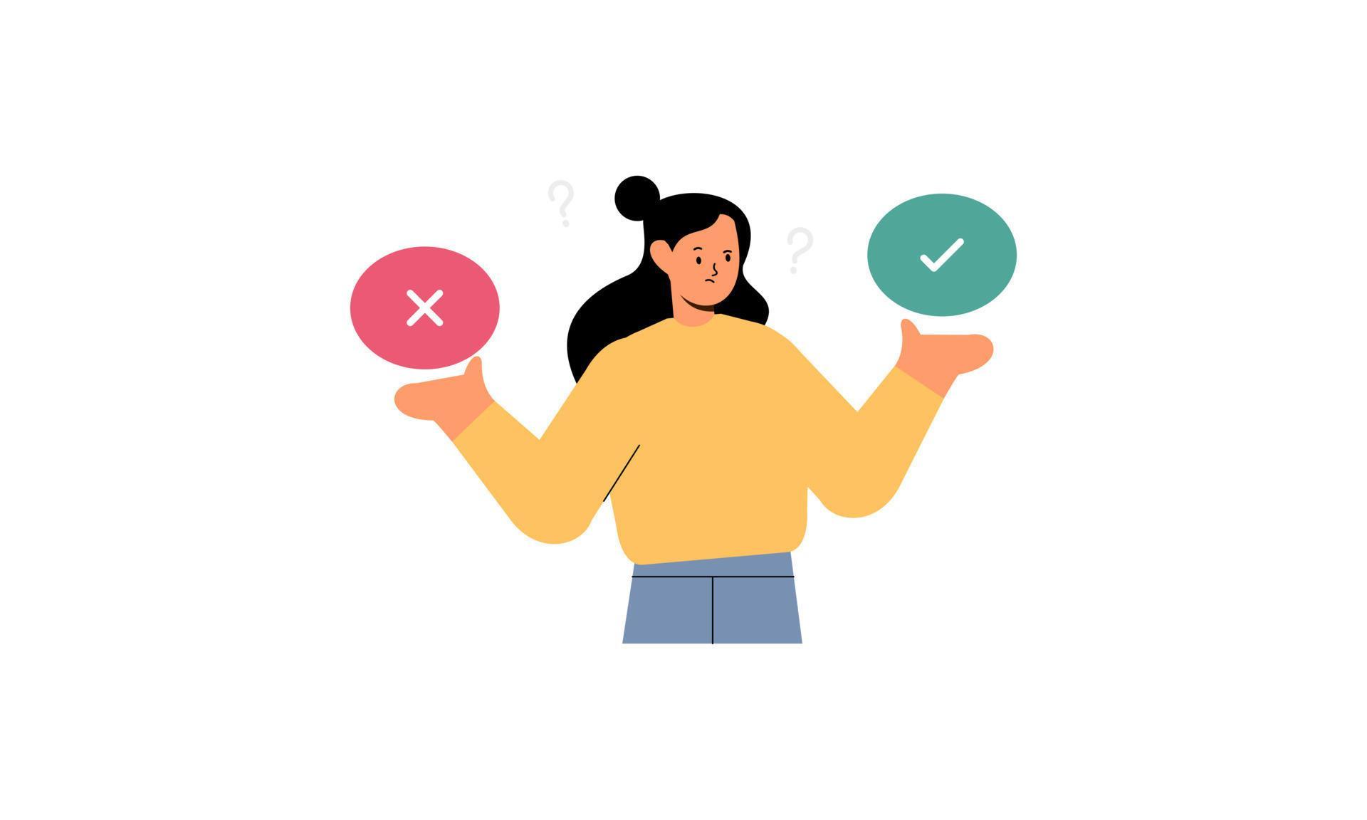 Choice between two options concept. Dilemma concept. Puzzled questioned man doubting, deciding ...