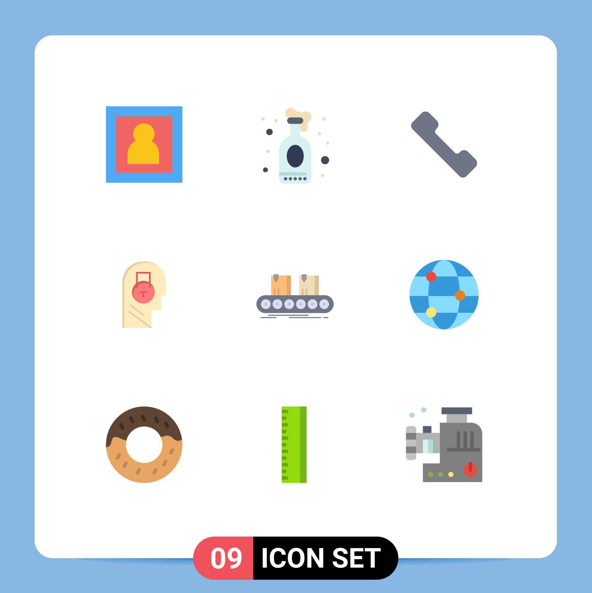 Set Of 9 Vector Flat Colors On Grid For Box User Telephone Data Secure Editable Vector Design