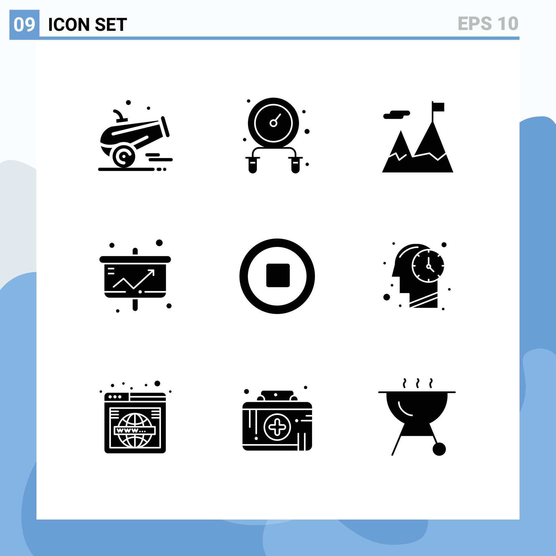 Mobile Interface Solid Glyph Set of 9 Pictograms of multimedia statistic business presentation ...