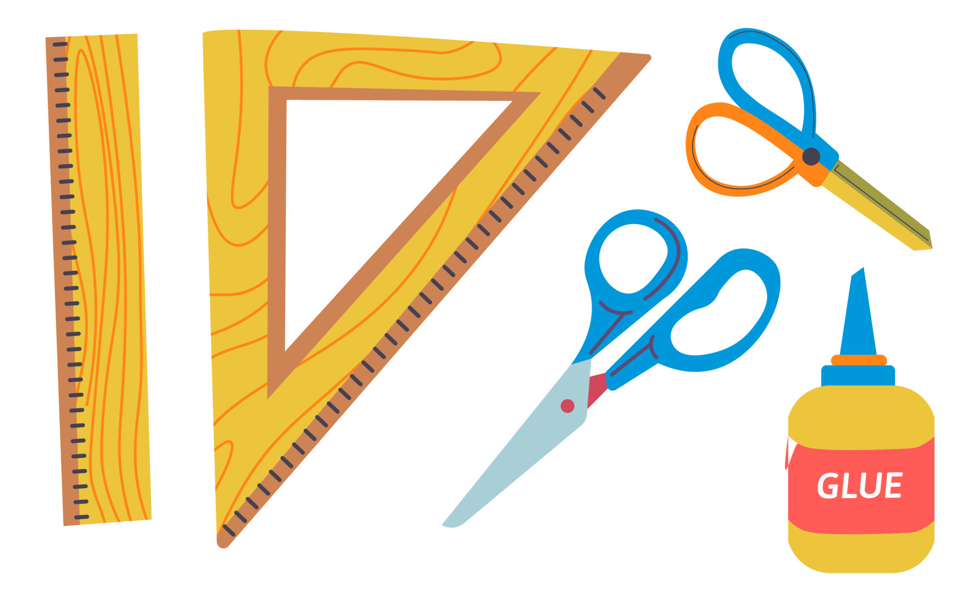 Geometric ruler and scissors with glue in bottle 17743062 Vector Art at ...