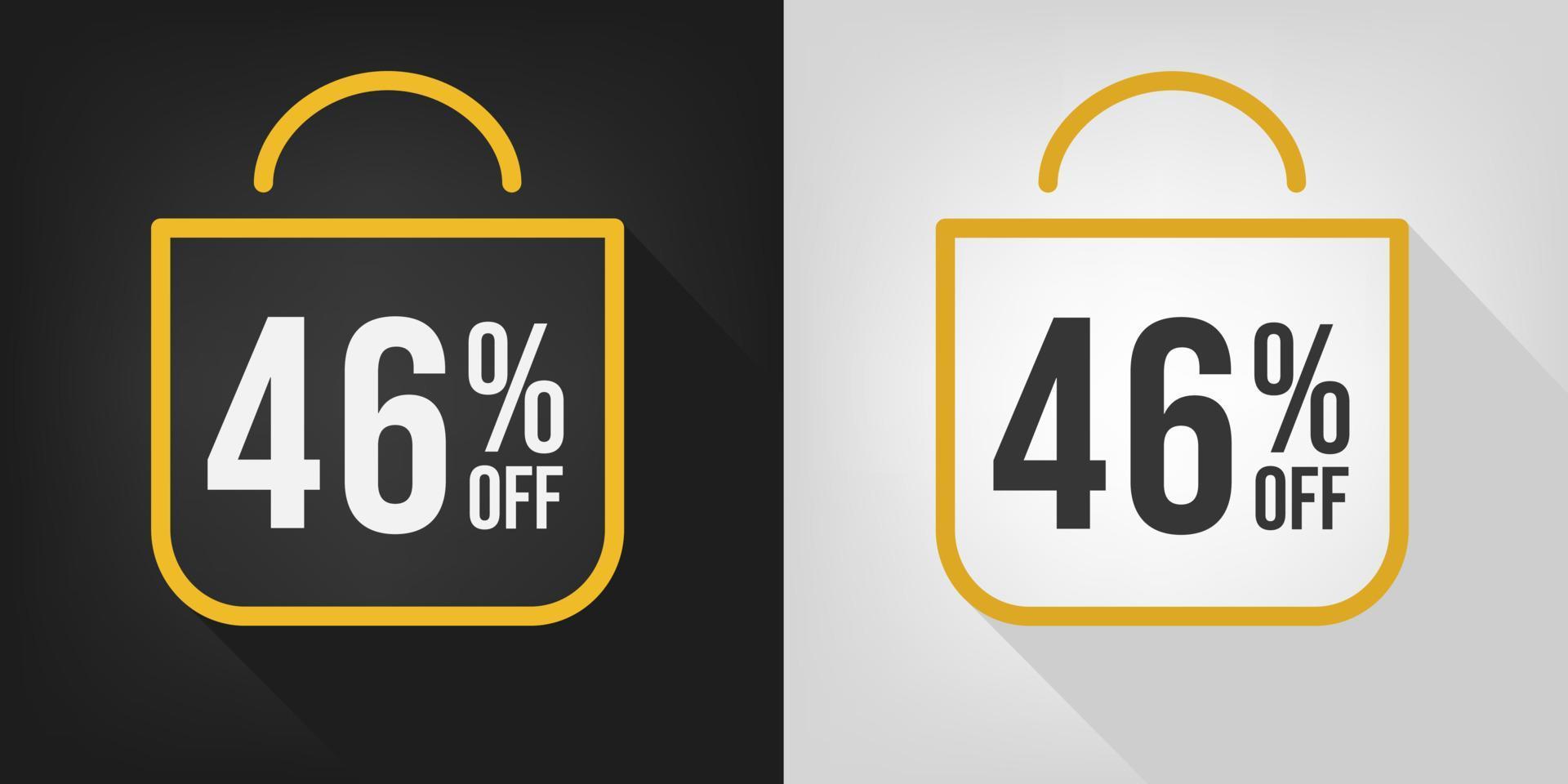 46 percent off. Black, white and yellow banner with forty-six percent discount. Shopping bag ...