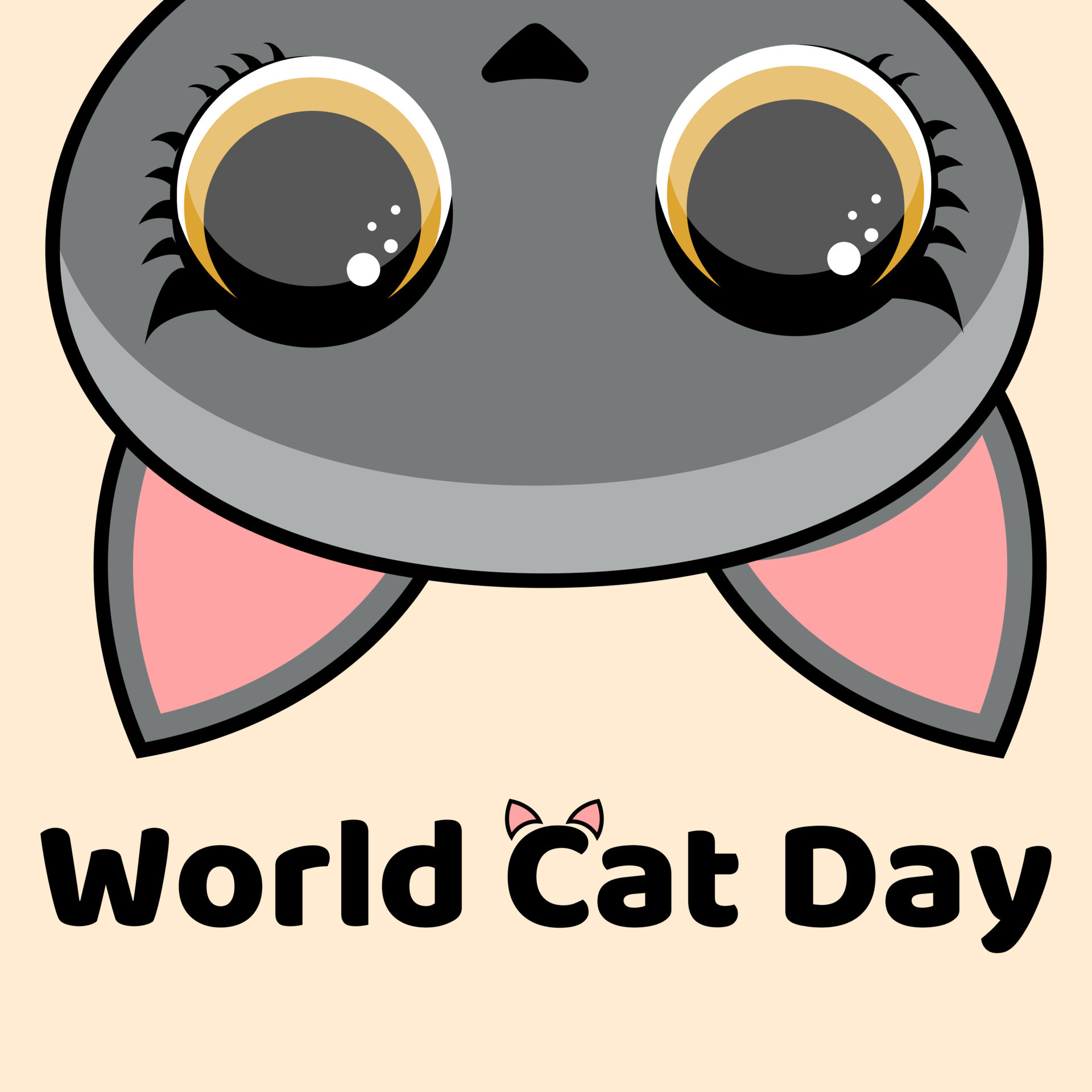 World Cat Day concept. Vector illustration of a top looking funny black cat. Pastel yellow color ...