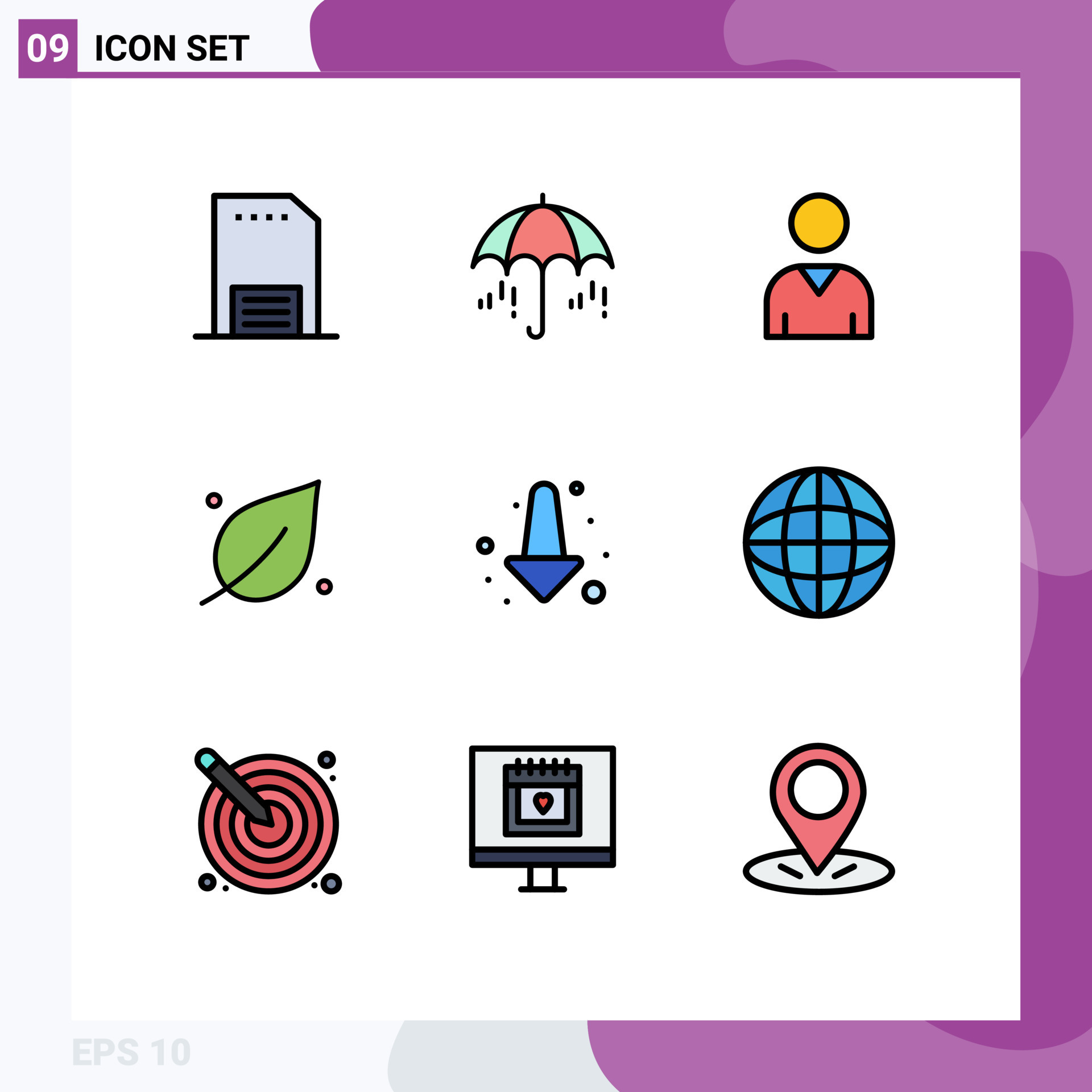 Set Of 9 Vector Filledline Flat Colors On Grid For Down Spring Spring Nature Ecology Editable