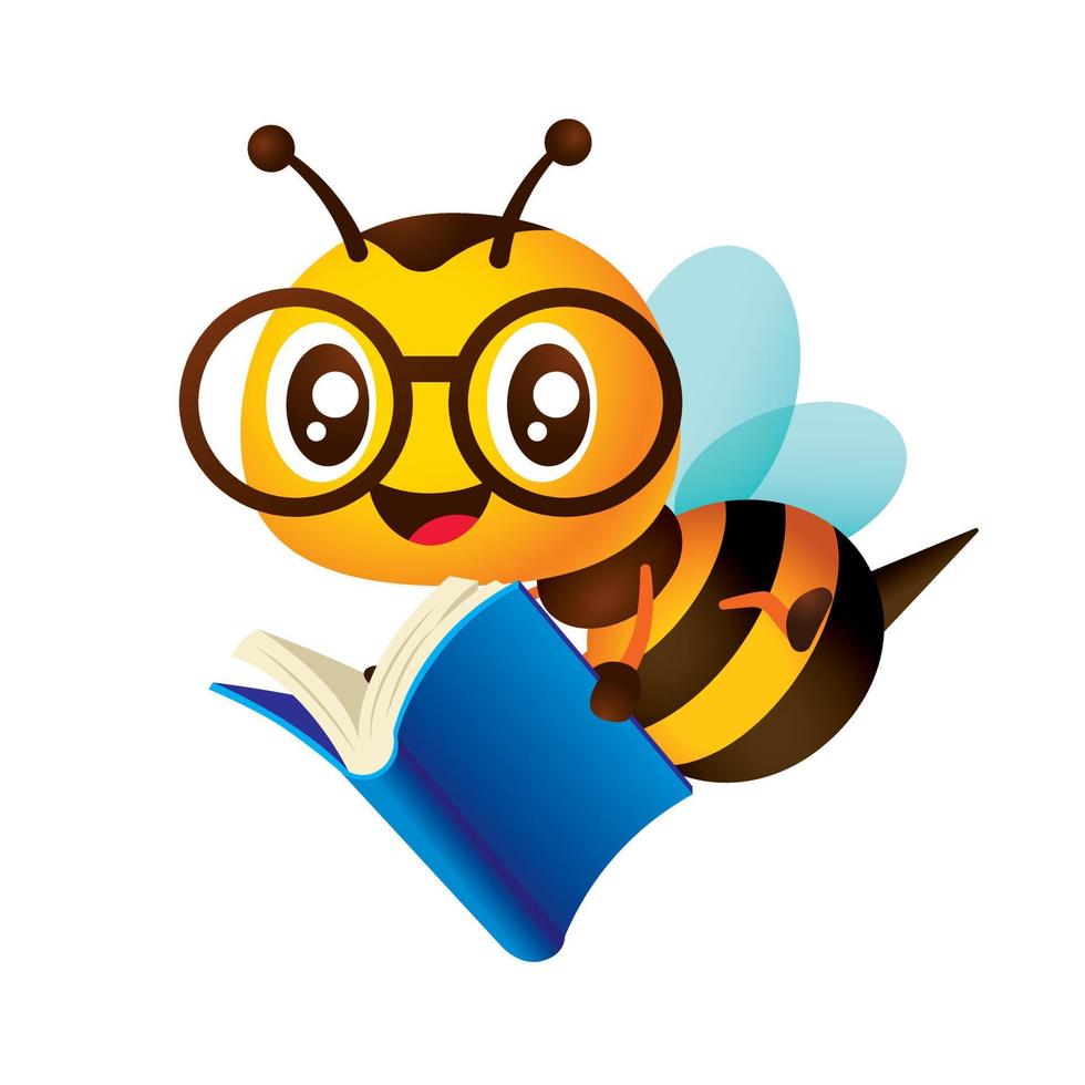 Bee back to school education. Cartoon cute bee with spectacles holding a blue colour book ...