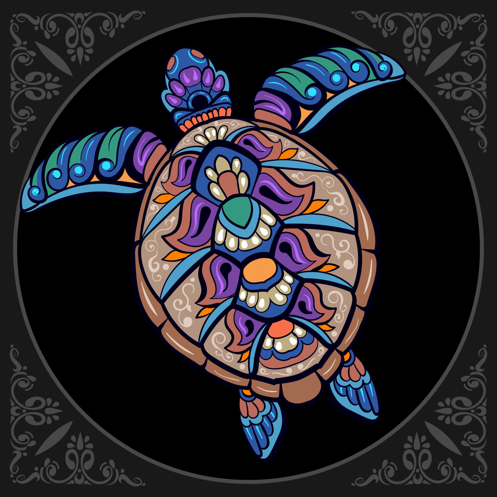 Colorful Sea Turtle Mandala Arts Isolated On Black Background 17771309