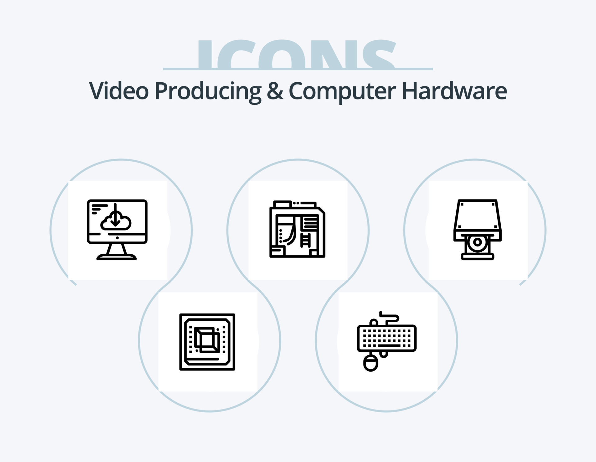 Video Producing And Computer Hardware Line Icon Pack 5 Icon Design Cards Solid Connection