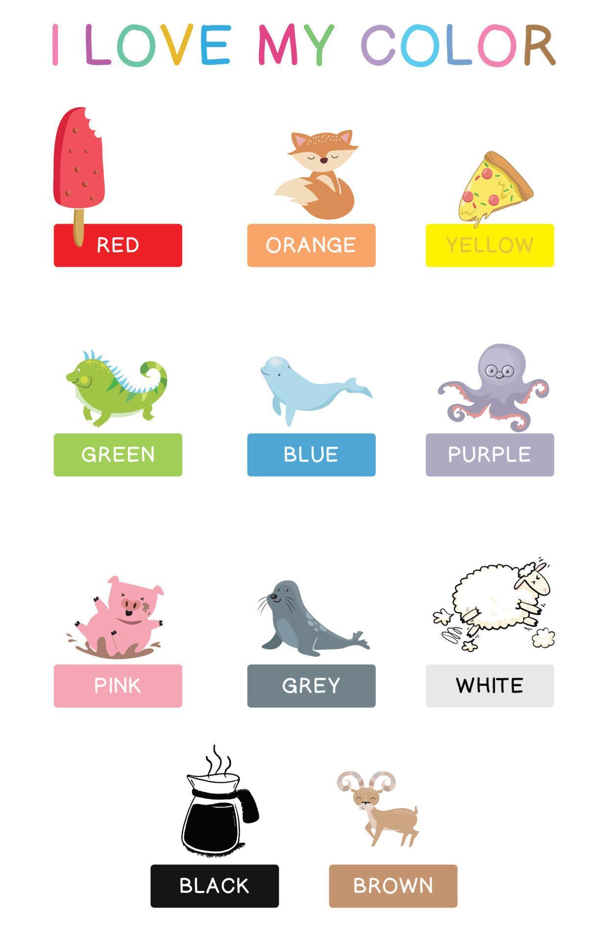 I Love My Color Poster. Color education worksheet for preschool. Vector ...