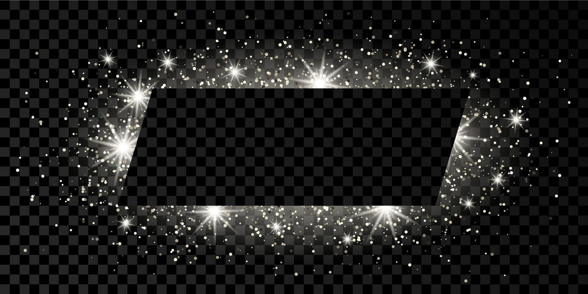 Silver rectangle frame with glitter, sparkles and flares on dark transparent background. Empty ...