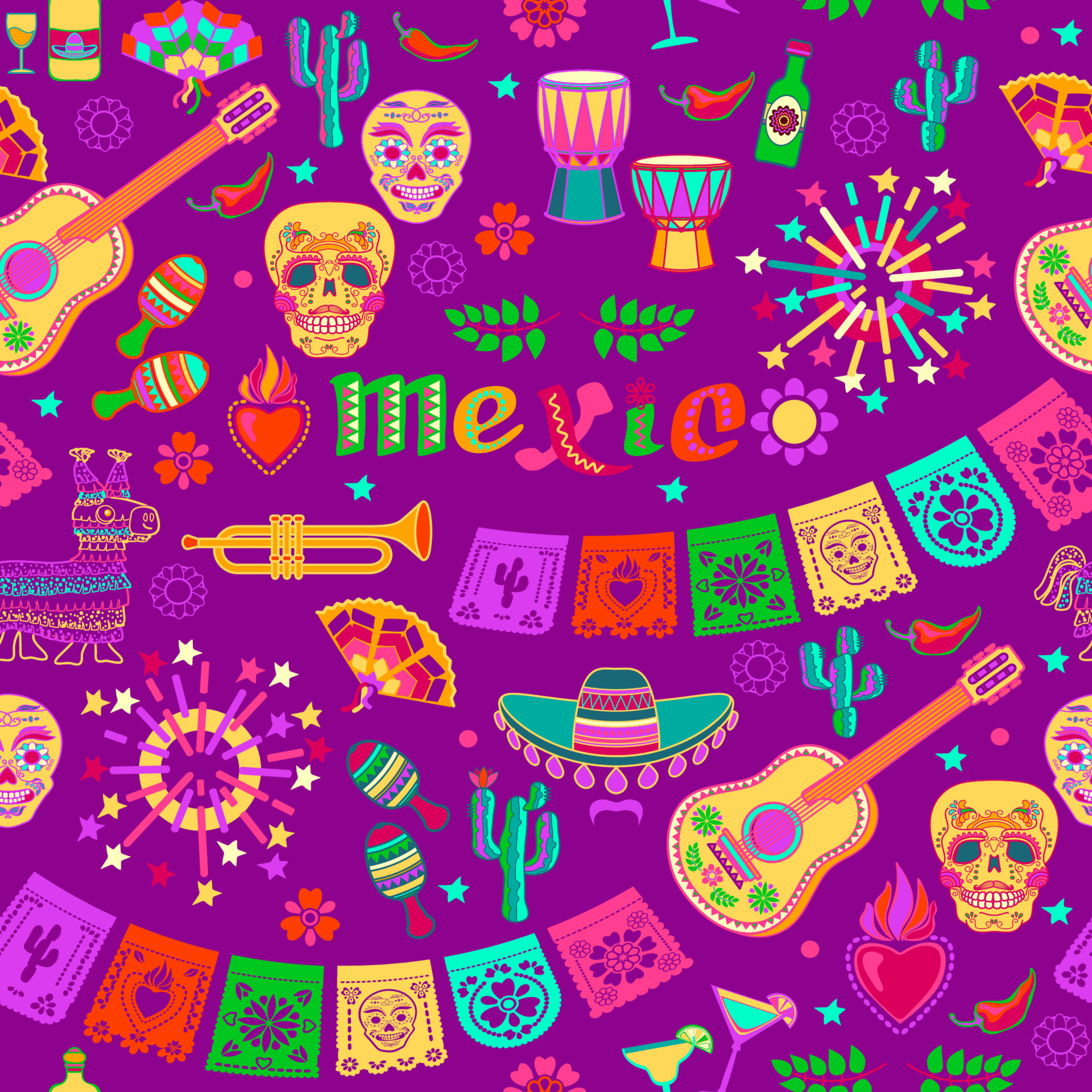 Fiesta seamless pattern. Mexican holiday colorful flat symbols. Vector ...