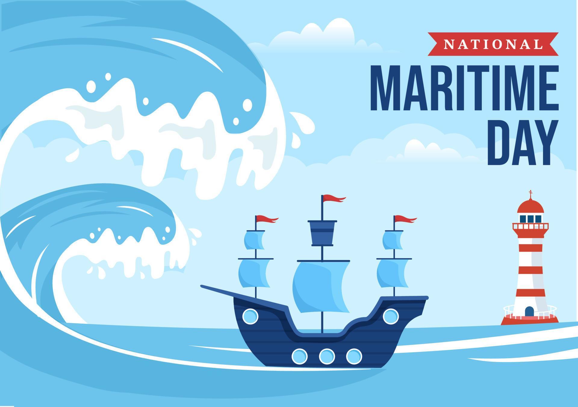 World Maritime Day Illustration with Sea and Ship for Web Banner or Landing Page in Flat Blue ...