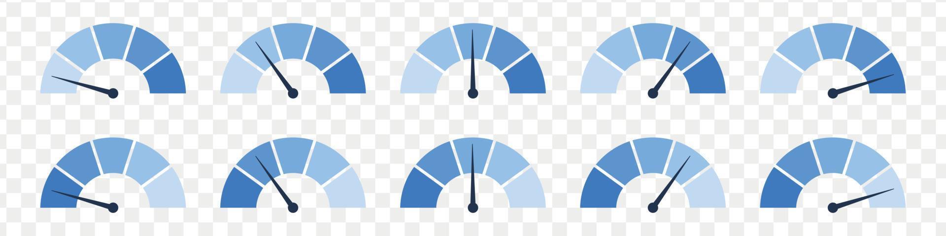 Blue scale meter with low, high and medium bar. Level risk graph or control quality. Vector ...