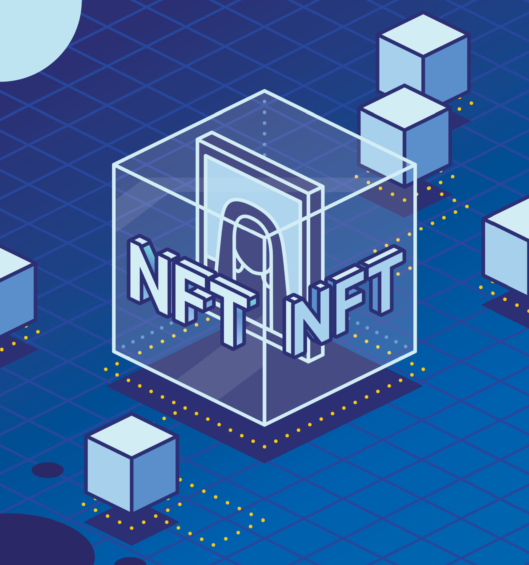 Isometric NFT. Artwork Inside of Transparent Cube. Blockchain ... Isometric NFT. Artwork Inside of Transparent Cube. Blockchain ...