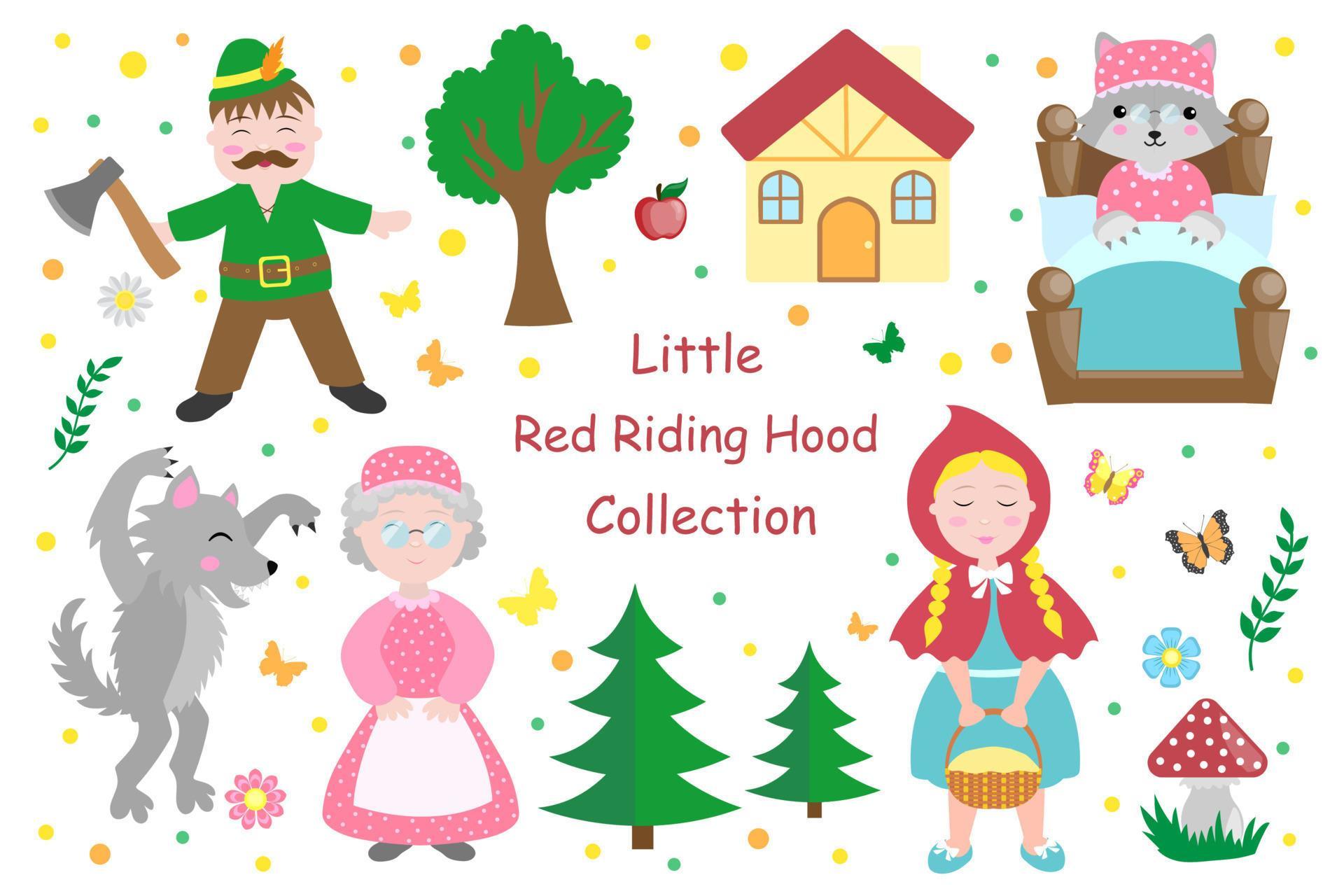 Cute Little Red Riding Hood set objects. Collection design element with ...