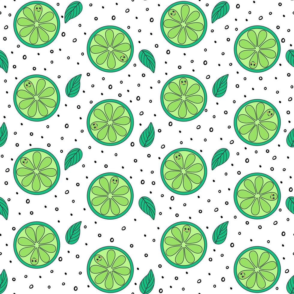 Abstract lime vector seamless pattern. Lime slices, mint leaves and small random black spots ...
