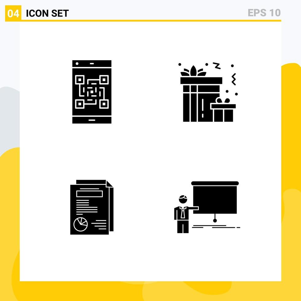 Group of 4 Solid Glyphs Signs and Symbols for code page scan celebration report Editable Vector ...