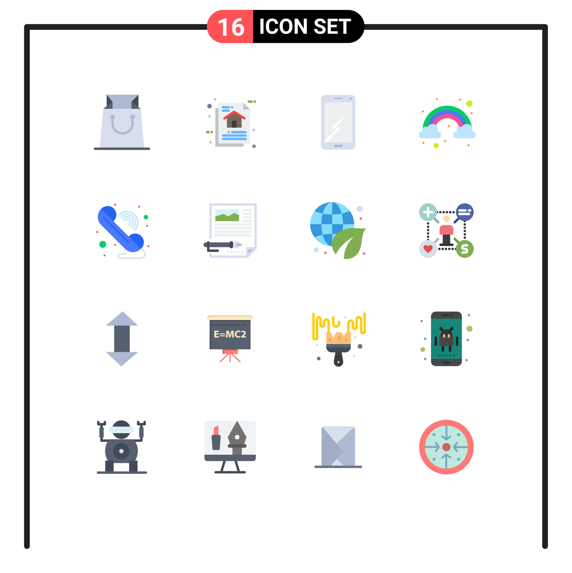 16 User Interface Flat Color Pack Of Modern Signs And Symbols Of Communication Color Phone