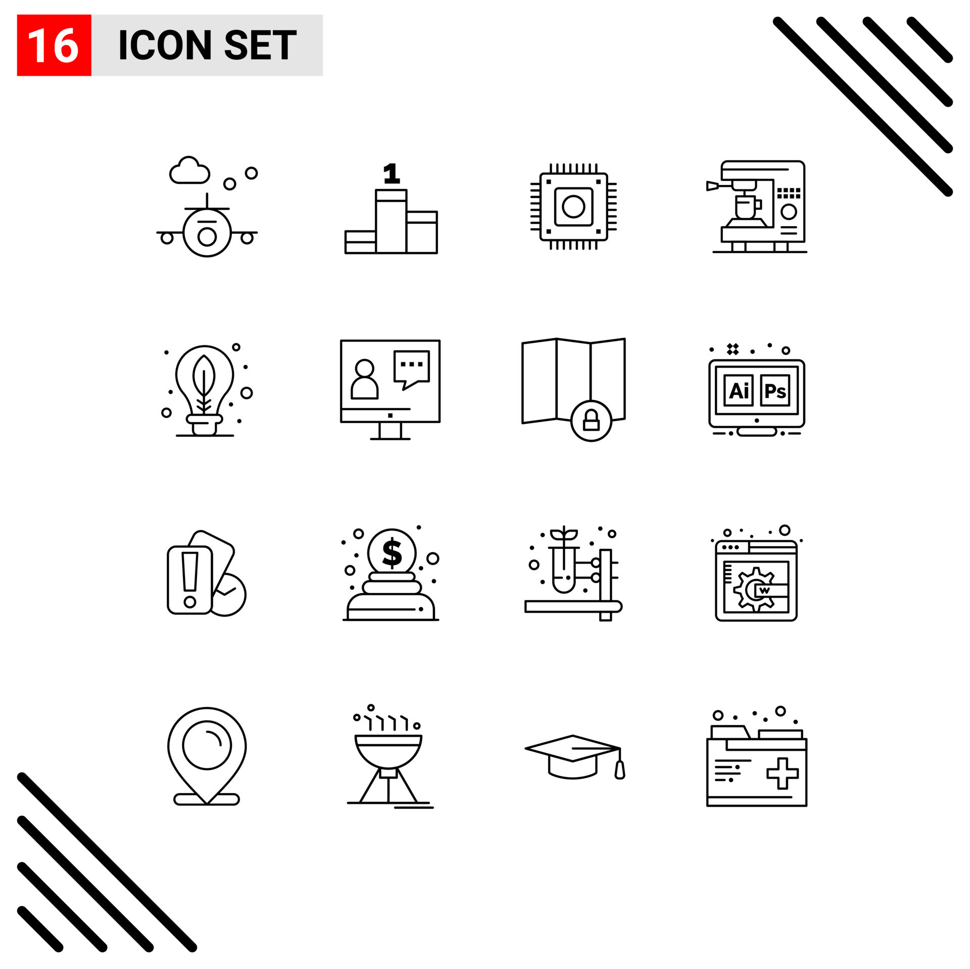 Set Of 16 Modern Ui Icons Symbols Signs For Bulb Earth Hardware Machine