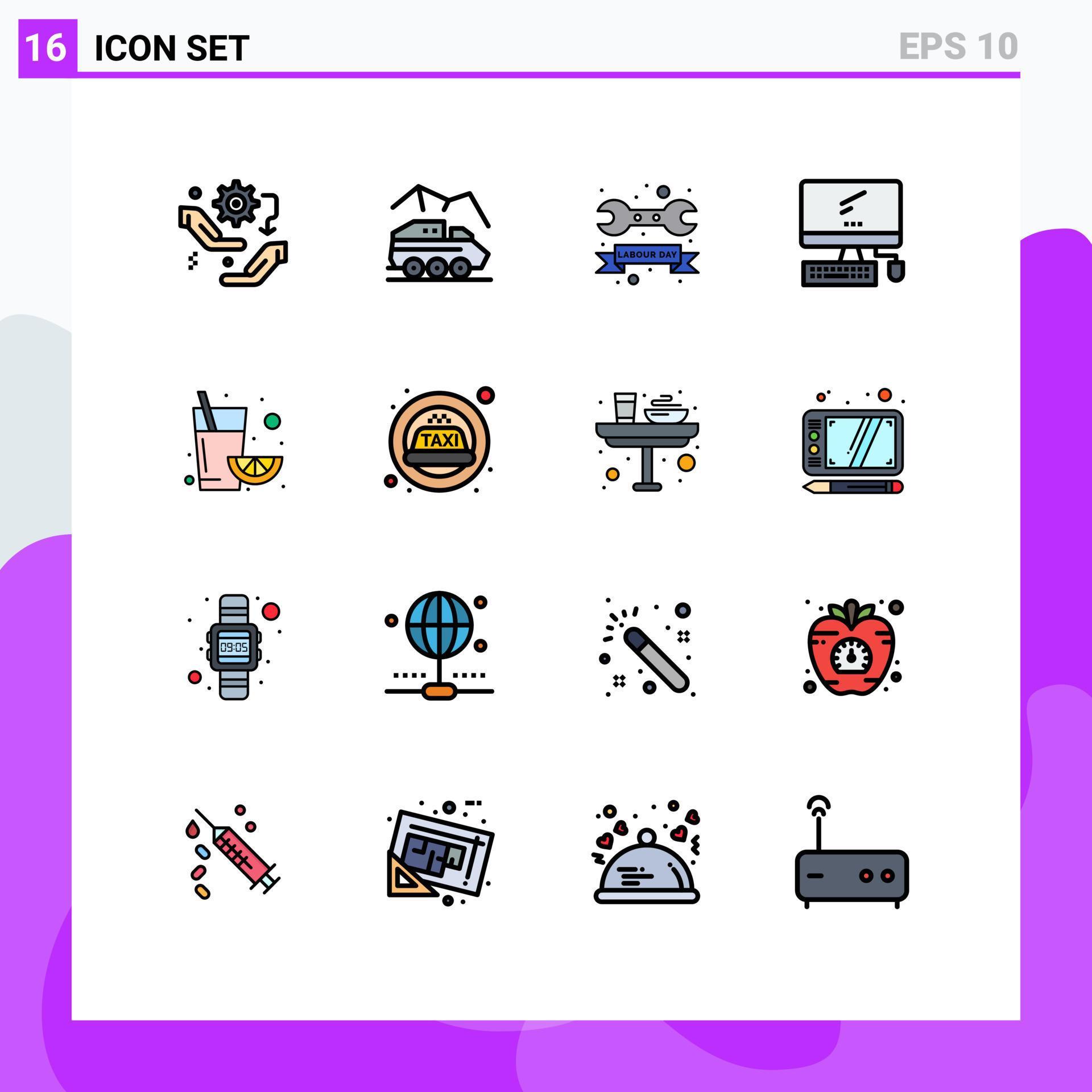 Set Of 16 Vector Flat Color Filled Lines On Grid For Device Computer Surface Day Tool Editable