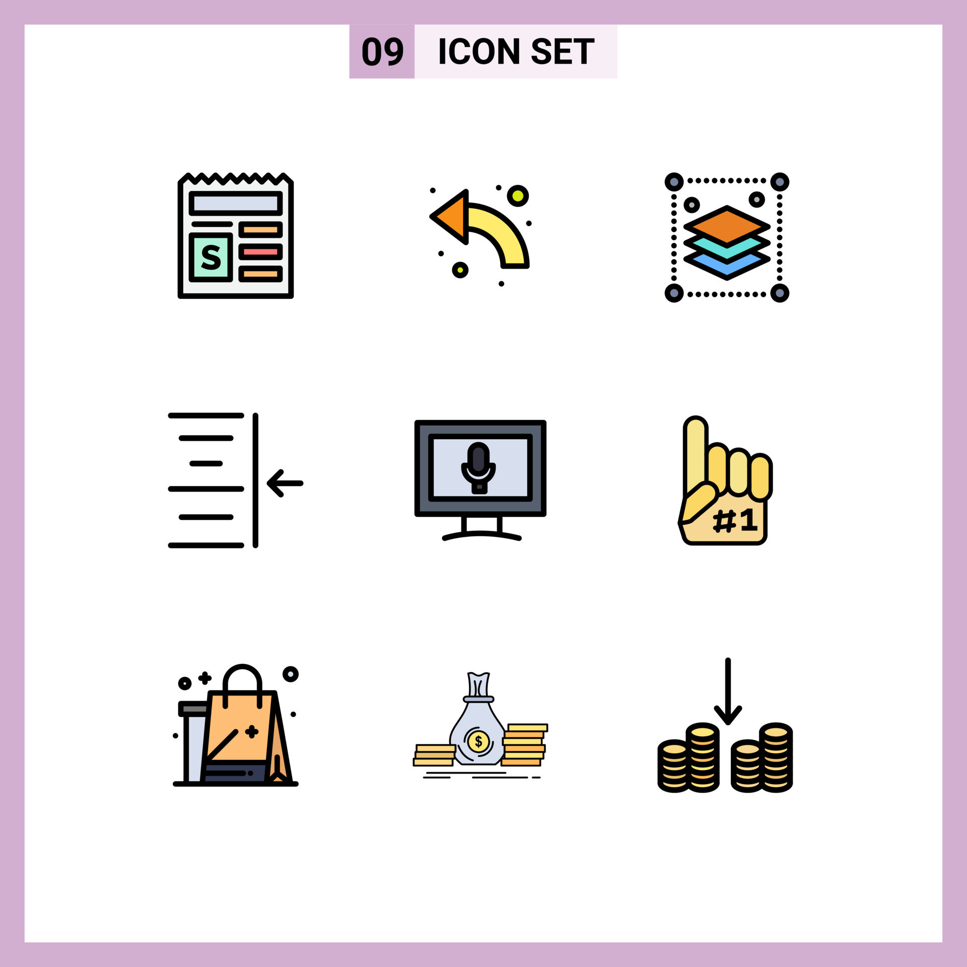 Set Of 9 Vector Filledline Flat Colors On Grid For Screen Text Up Right Misc Editable Vector