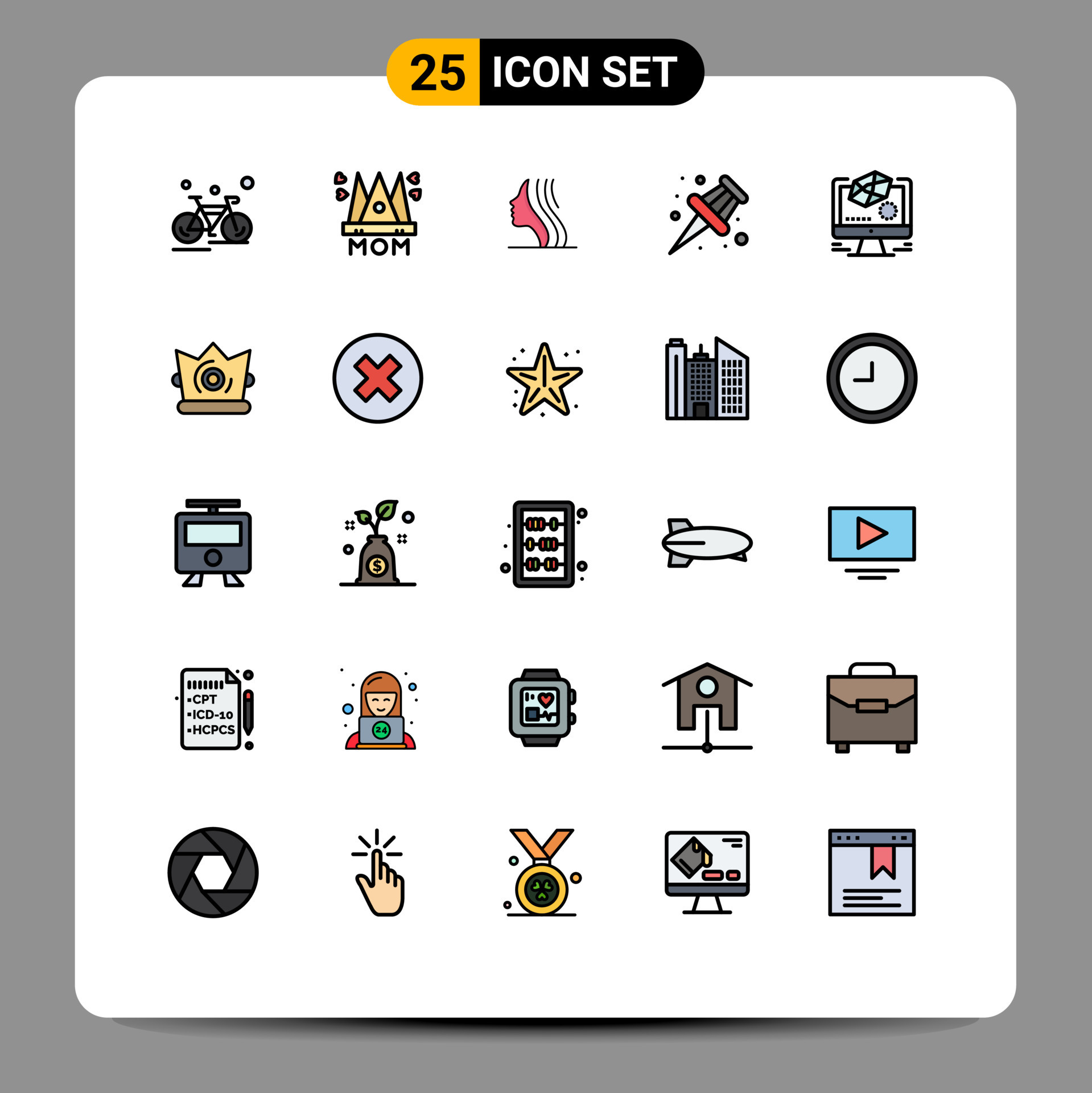 25 Thematic Vector Filled Line Flat Colors And Editable Symbols Of Animation Pin Mother Marker