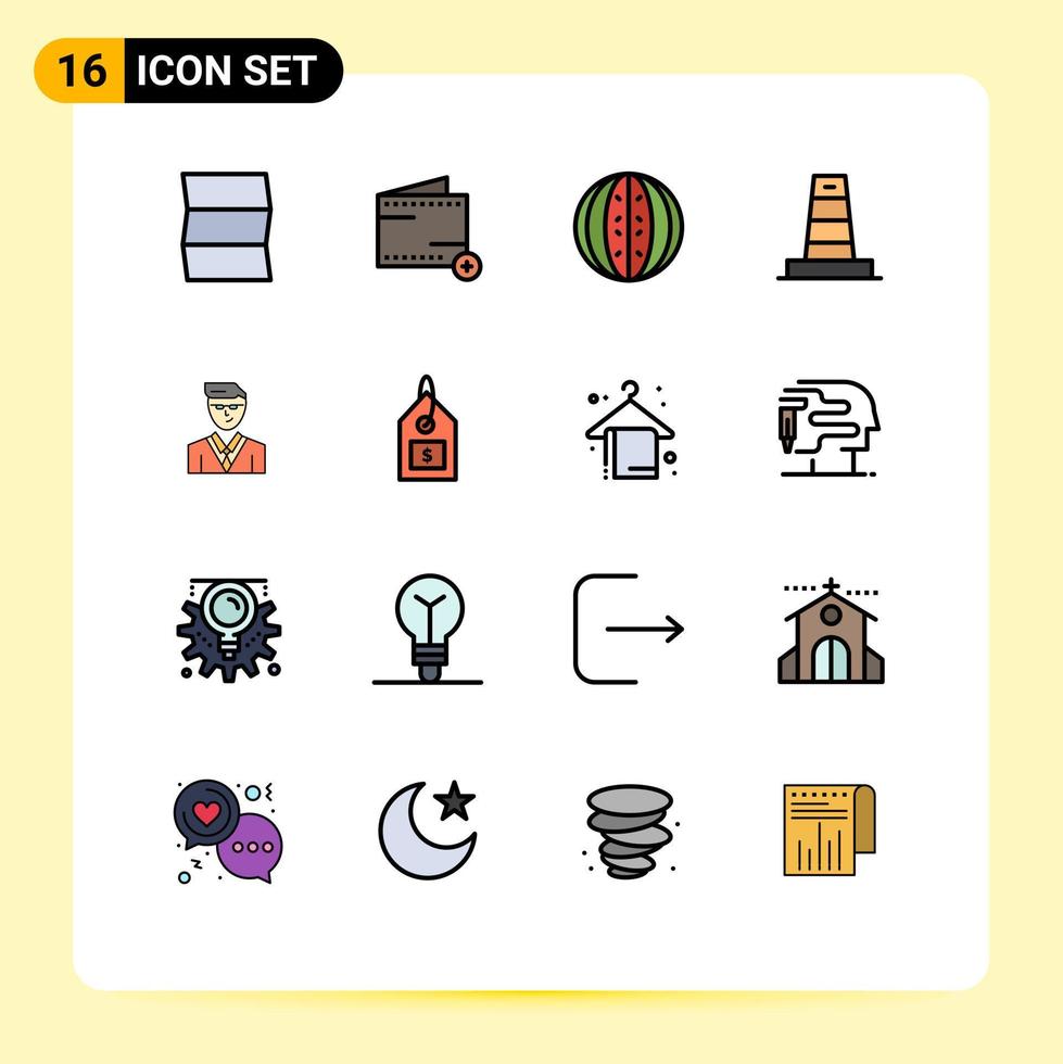 16 Universal Flat Color Filled Lines Set For Web And Mobile Applications User Under Food