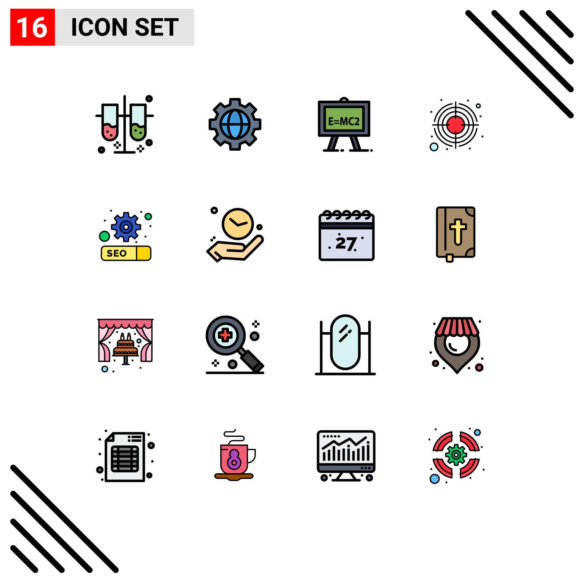 Set Of 16 Vector Flat Color Filled Lines On Grid For Setting Gear Formula Target Arrow Editable