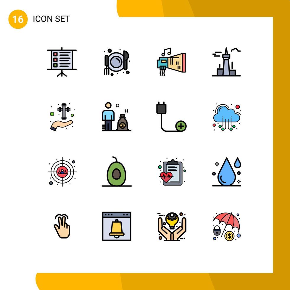 Mobile Interface Flat Color Filled Line Set Of 16 Pictograms Of Hand Landmark Device Tower