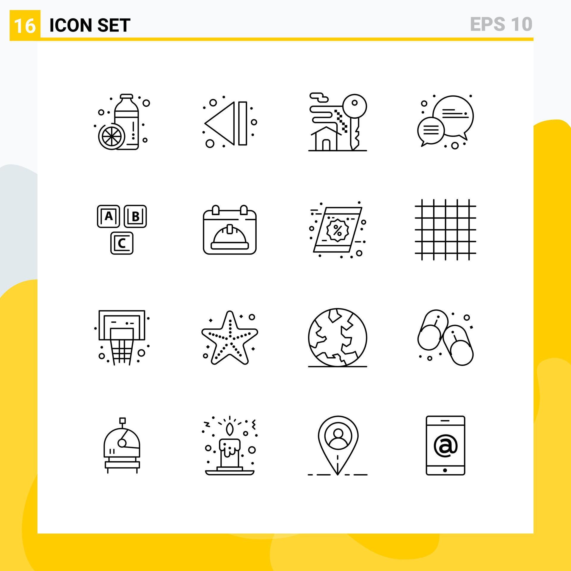 Mobile Interface Outline Set Of 16 Pictograms Of Basic Abc Home Message Bubble Editable Vector