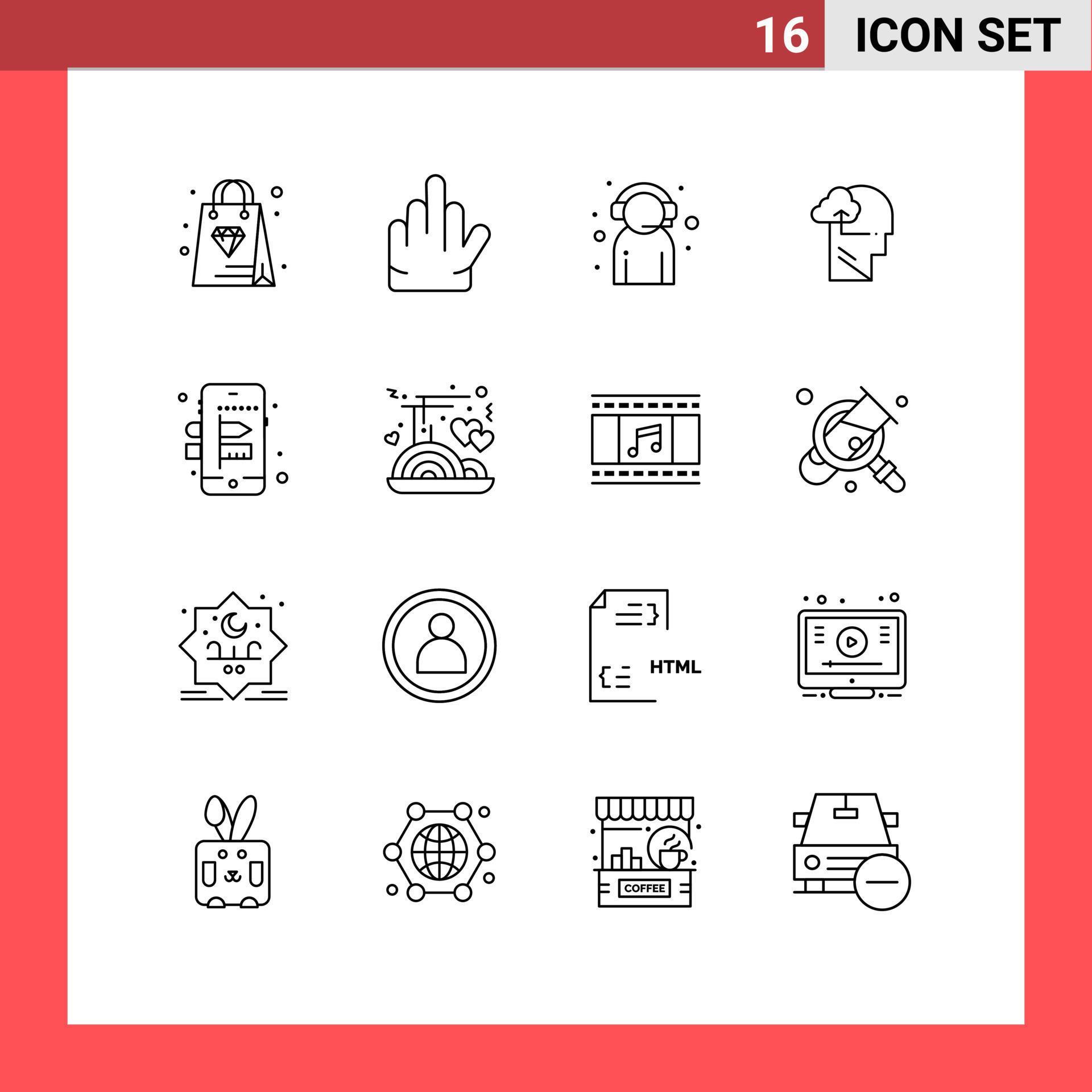 Mobile Interface Outline Set of 16 Pictograms of process mobile customer service head gain ...