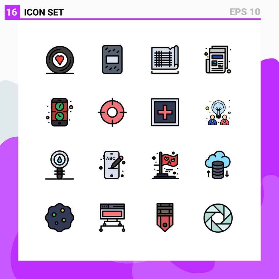 Mobile Interface Flat Color Filled Line Set Of 16 Pictograms Of Mobile App Drafting Print