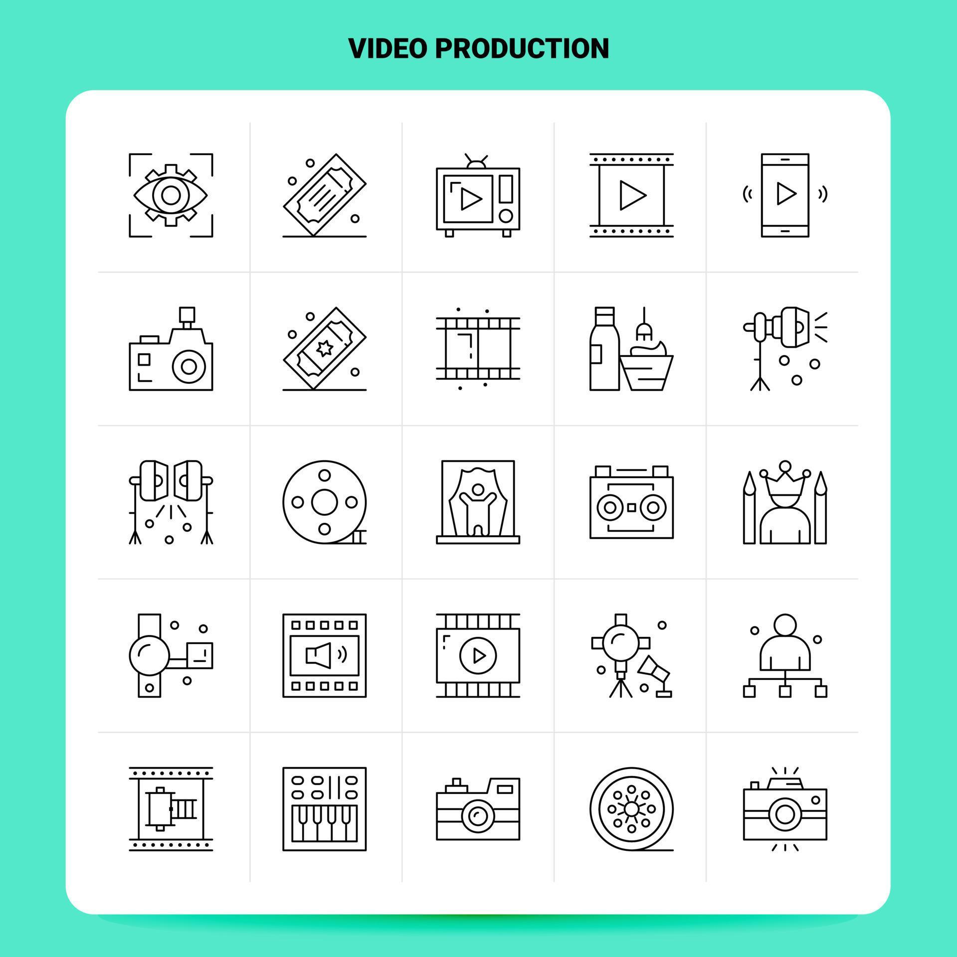 Outline 25 Video Production Icon Set Vector Line Style Design Black Icons Set Linear Pictogram