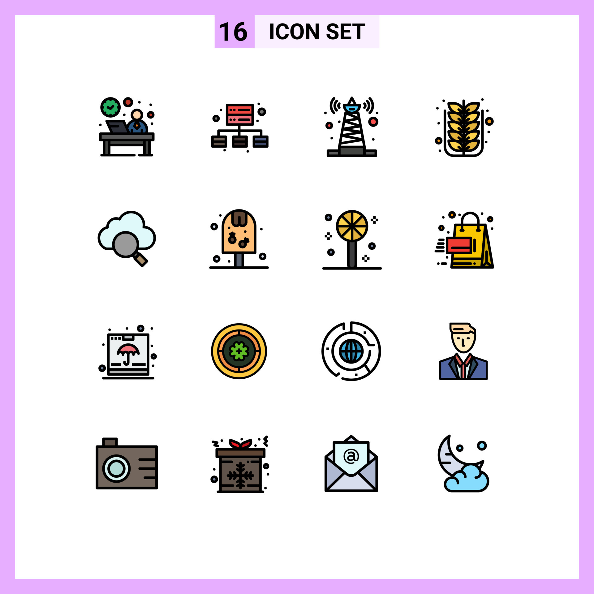 Set Of 16 Vector Flat Color Filled Lines On Grid For Cloud Nature