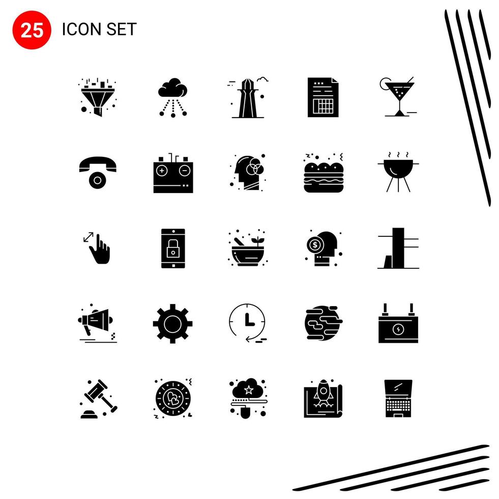 Pictogram Set of 25 Simple Solid Glyphs of glasses invoice co tower file data Editable Vector ...