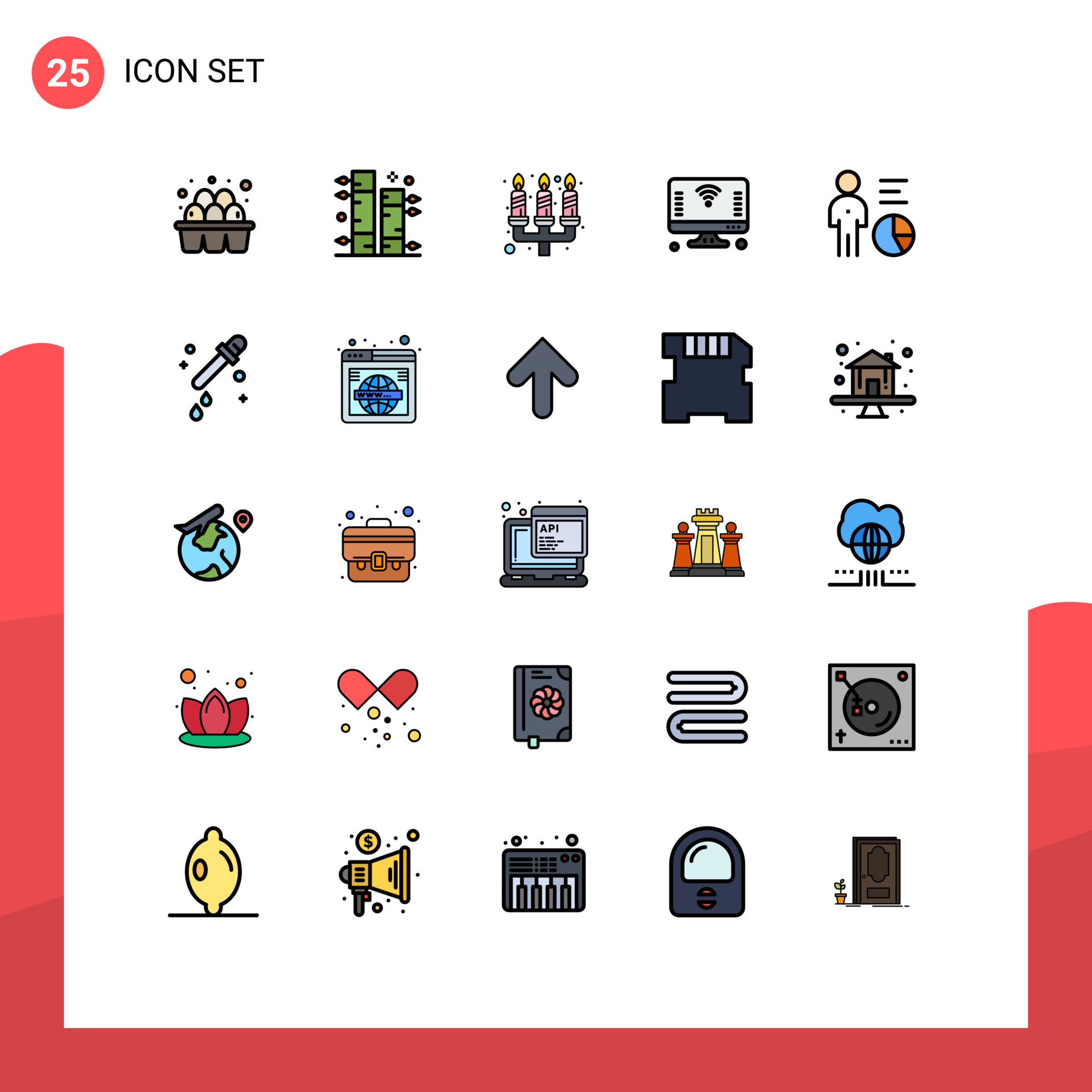 Filled line Flat Color Pack of 25 Universal Symbols of chart things candle iot computer Editable ...